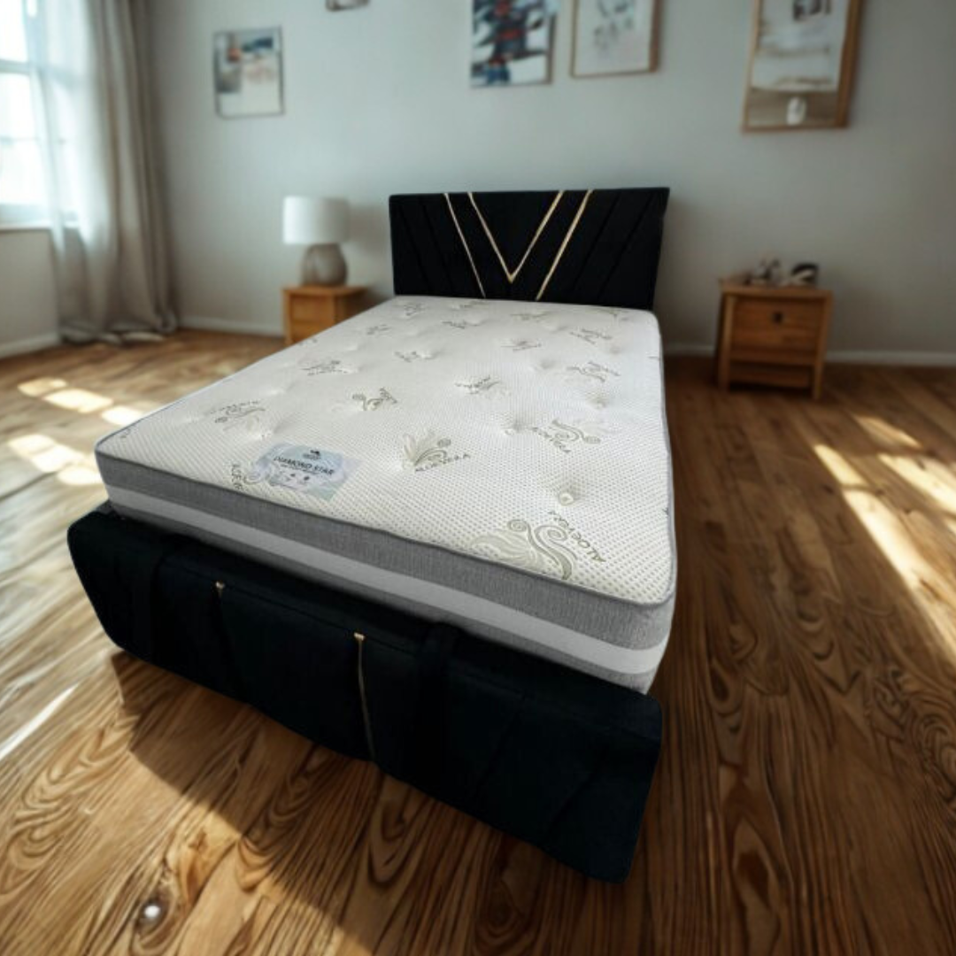 Stylish Bed with Fancy Strip – Modern Upholstered Luxury Bed