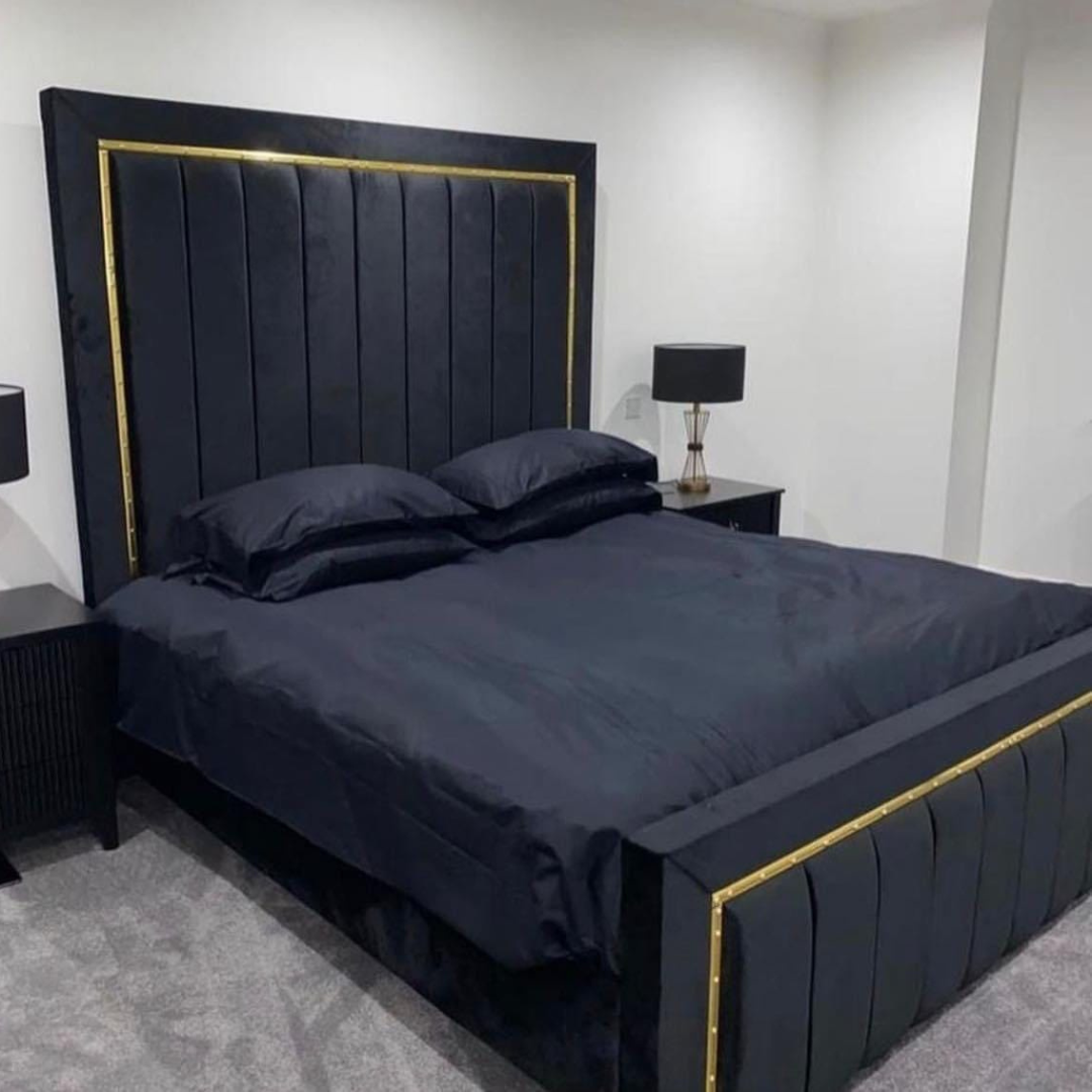 Panel Design Bed with 5ft Tall Headboard & Fancy Strip