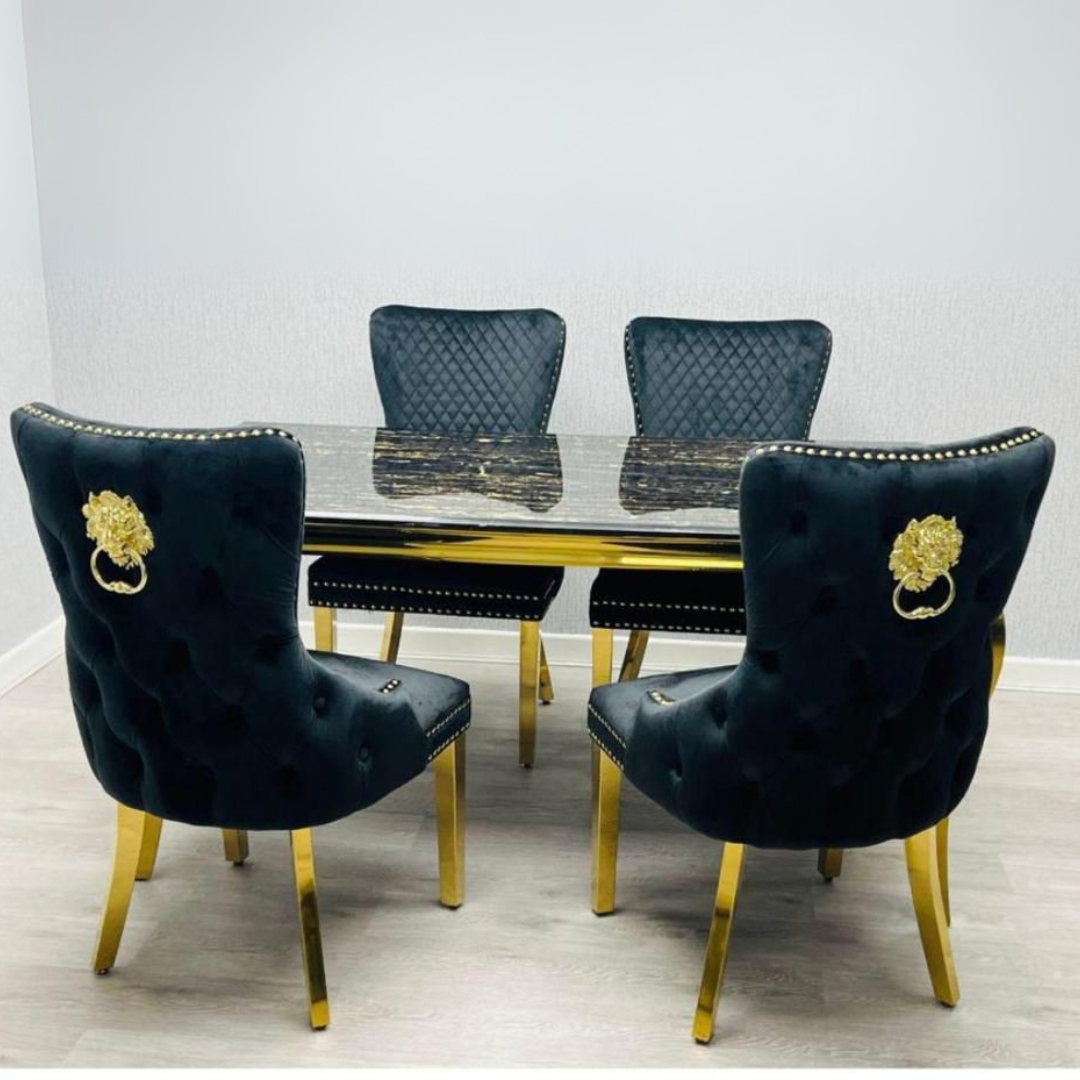 Black Chesterfield Velvet Chairs with Original Marble Dining Table